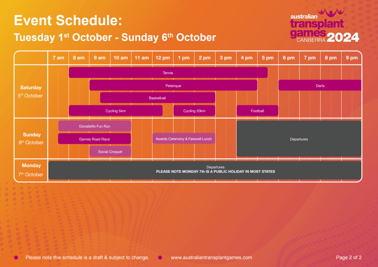 Events Schedule - Australian Transplant Games Canberra 2024